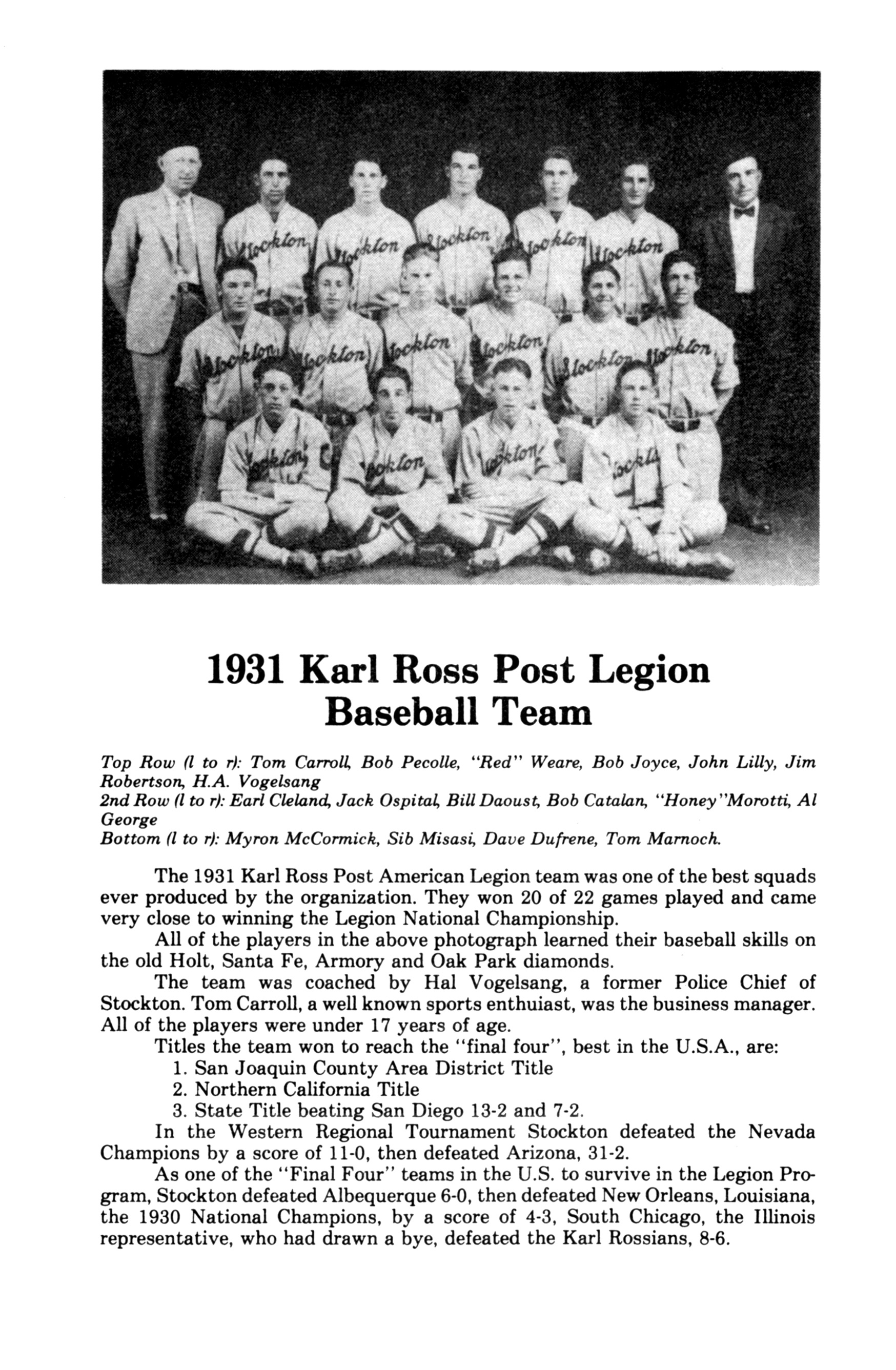 Karl Ross Post Legion Baseball Team - Stockton Athletic