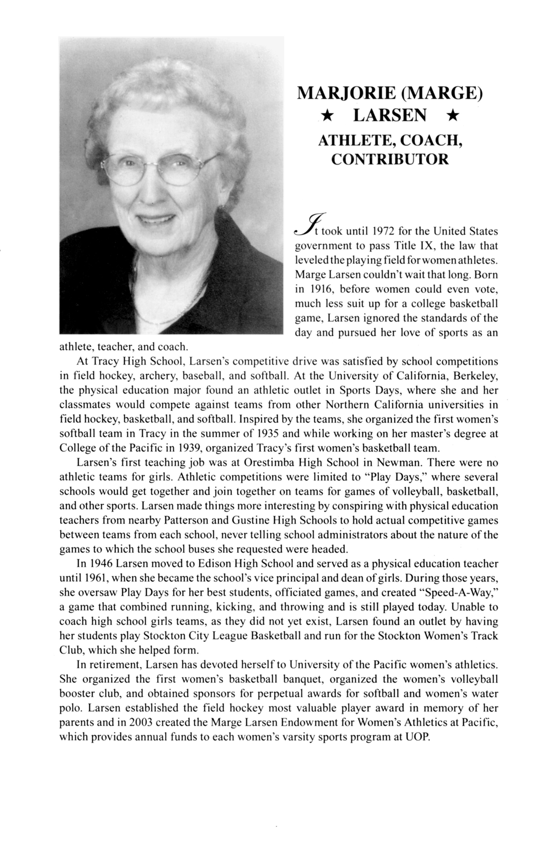 Marjorie "Marge" Larsen - Stockton Athletic